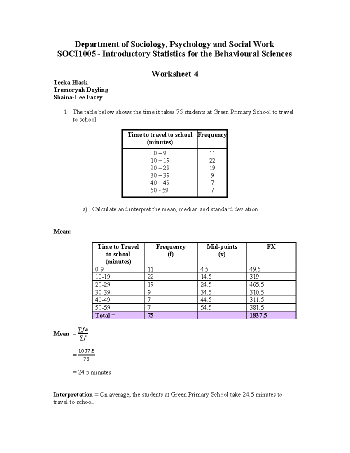 Worksheet Activity For Tutorial Week Four - Introduction to Statistics ...