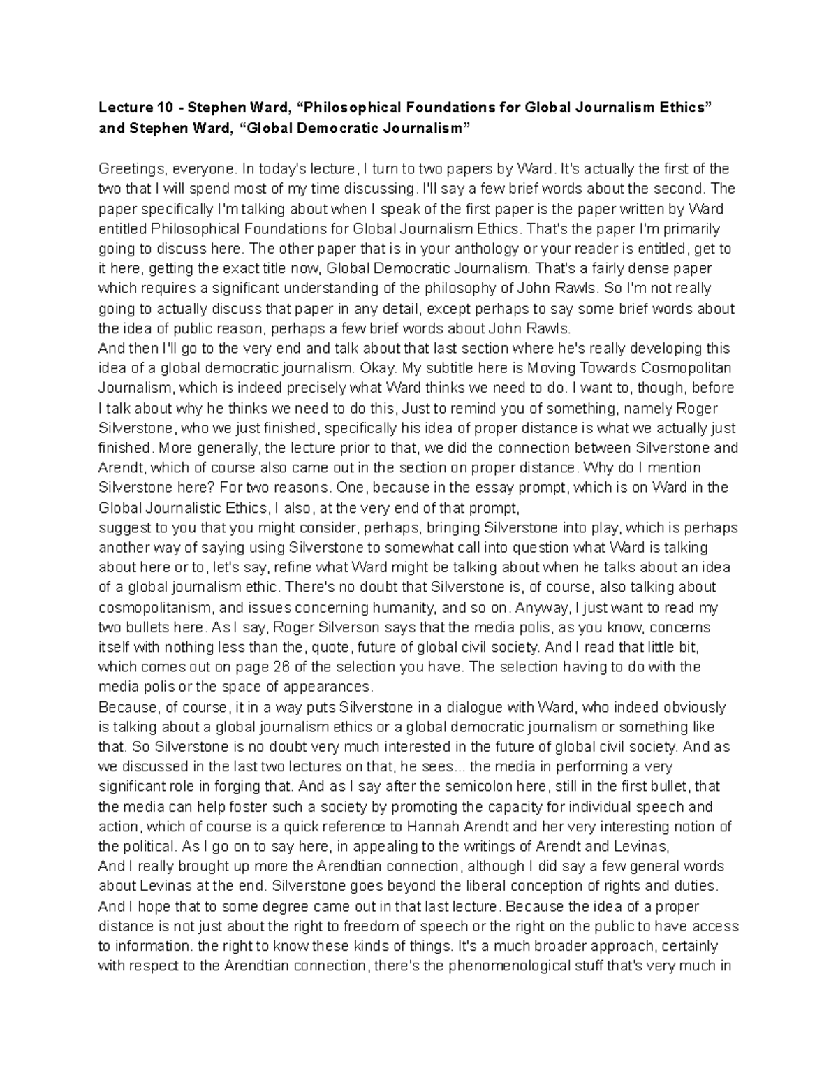 PHIL Lecture 10 - Transcript - Lecture 10 - Stephen Ward, “Philosophical Foundations for Global ...