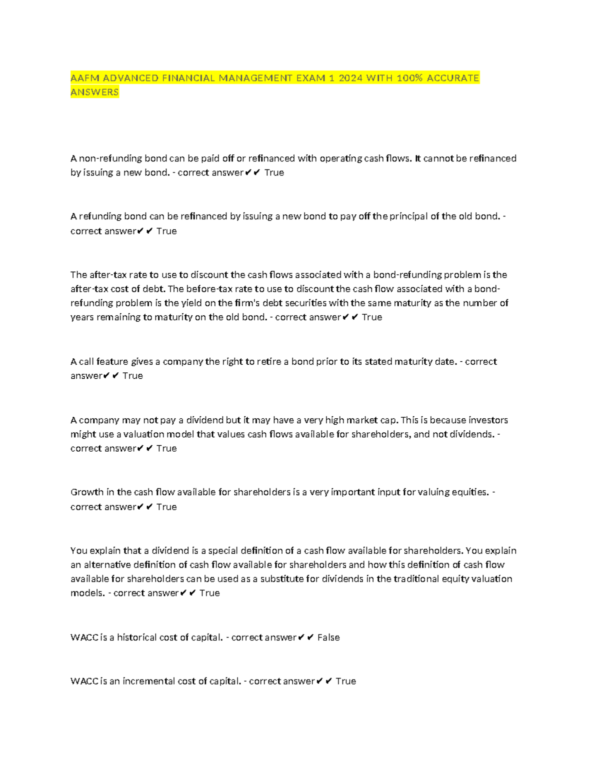 AAFM Advanced Financial Management EXAM 1 2024 WITH 100 - AAFM ADVANCED ...