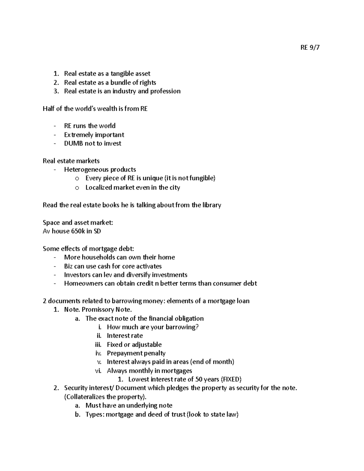 Real Estate notes - Professor Demas - RE 9/ Real estate as a tangible ...