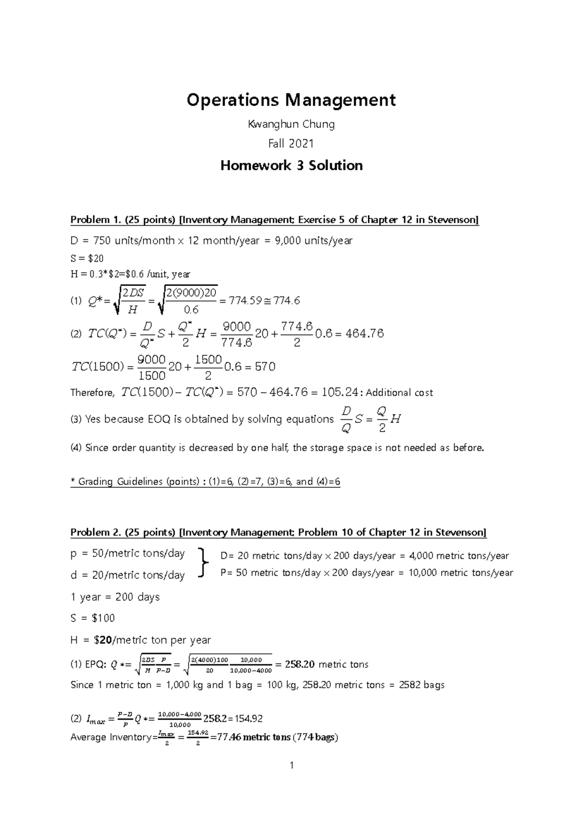 OM Homework 3 Fall2021 Solution - 1 Operations Management Kwanghun ...