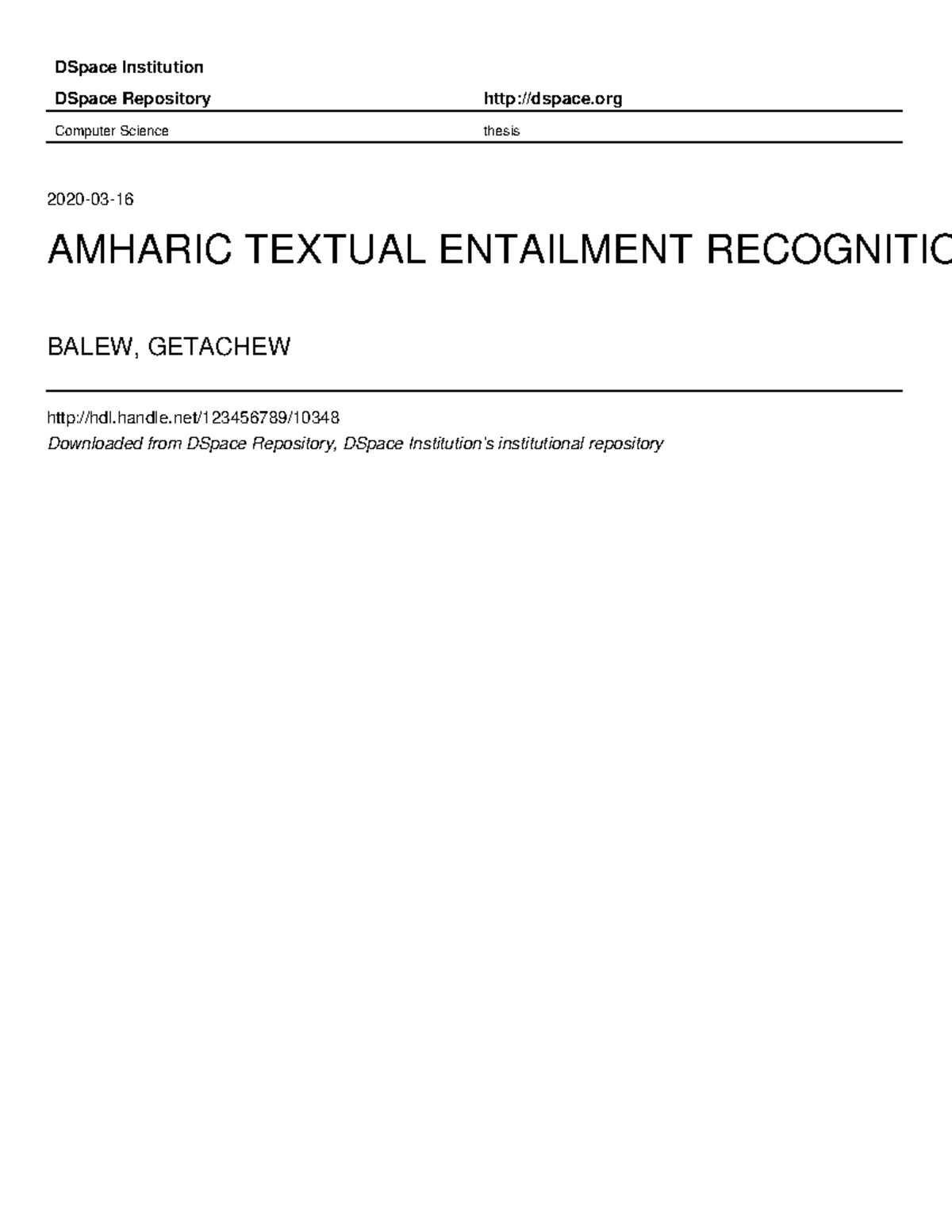 Amharic Textual Entailment Recognition Dspace Institution Dspace Repository Dspace Computer
