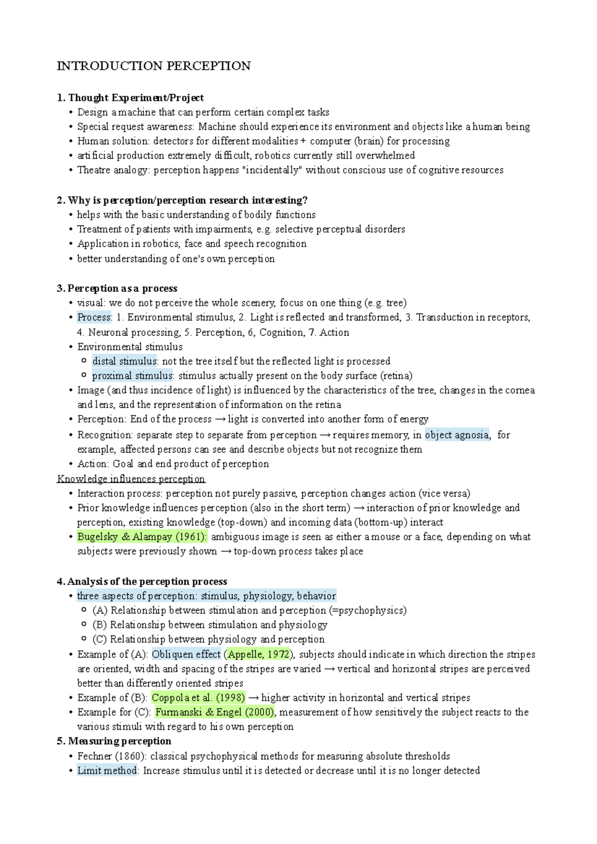 Summary Lecture 1 - Perception - INTRODUCTION PERCEPTION Thought ...