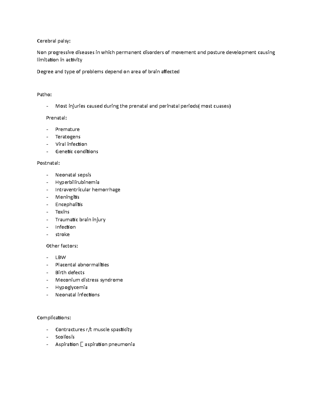 Cerebral palsy - note - Cerebral palsy: Non progressive diseases in ...