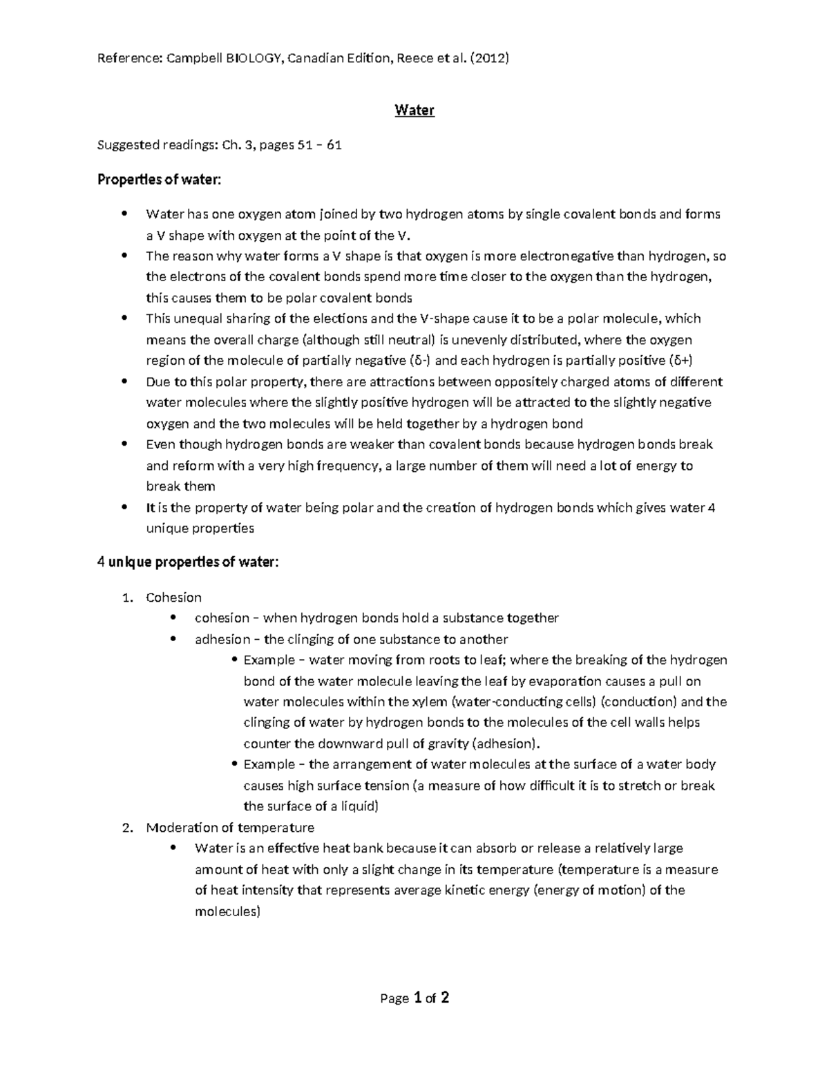 3 - lecture notes - Reference: Campbell BIOLOGY, Canadian Edition ...