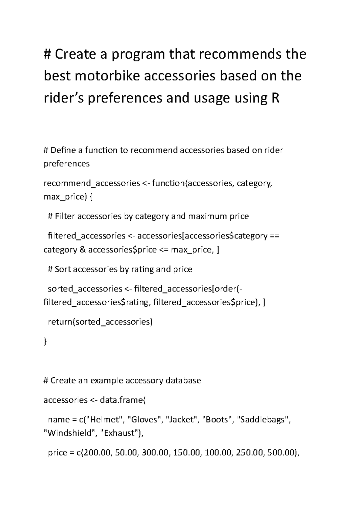 Create A Program That Recommends The Best Motorbike Accessories Based
