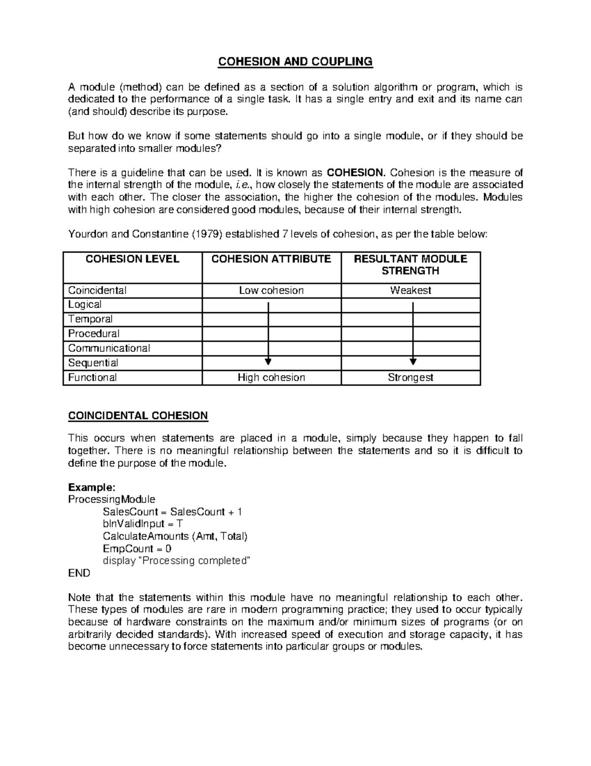 Cohesion and Coupling - COHESION AND COUPLING A module (method) can be ...