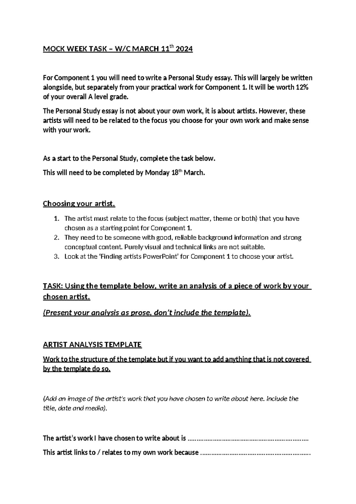 MOCK WEEK TASK - Writing First Artist Analysis FOR Personal Study - MOCK WEEK TASK – W/C MARCH ...