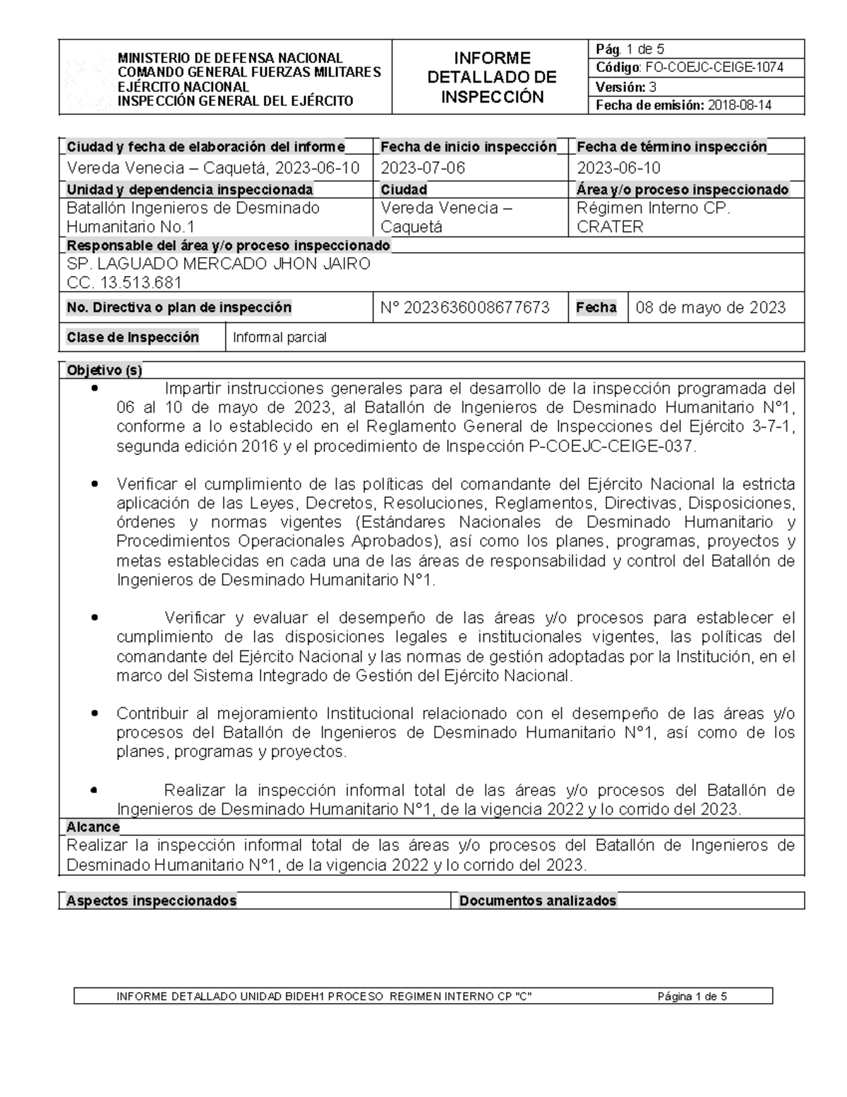 Informe Detallado Compañia C Bideh 1 - MINISTERIO DE DEFENSA NACIONAL ...