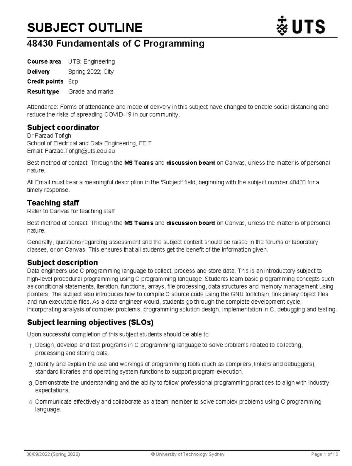 PDFs - Subject Outline - SUBJECT OUTLINE 48430 Fundamentals of C Programming Attendance: Forms ...