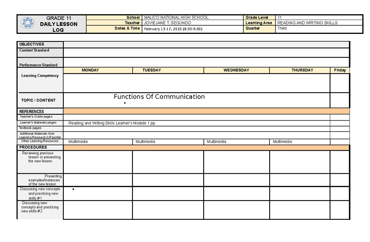 Grade 11 DLL Q3- w1 - dll - GRADE 11 DAILY LESSON LOG School MALICO ...