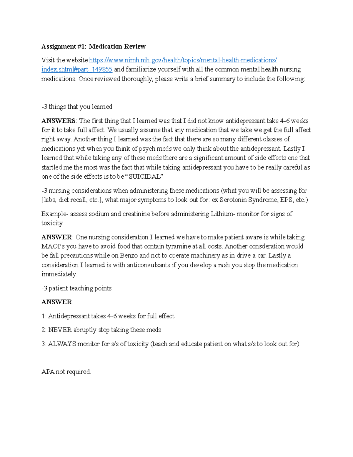 MH assignemt 1 - n/a - Assignment #1: Medication Review Visit the ...