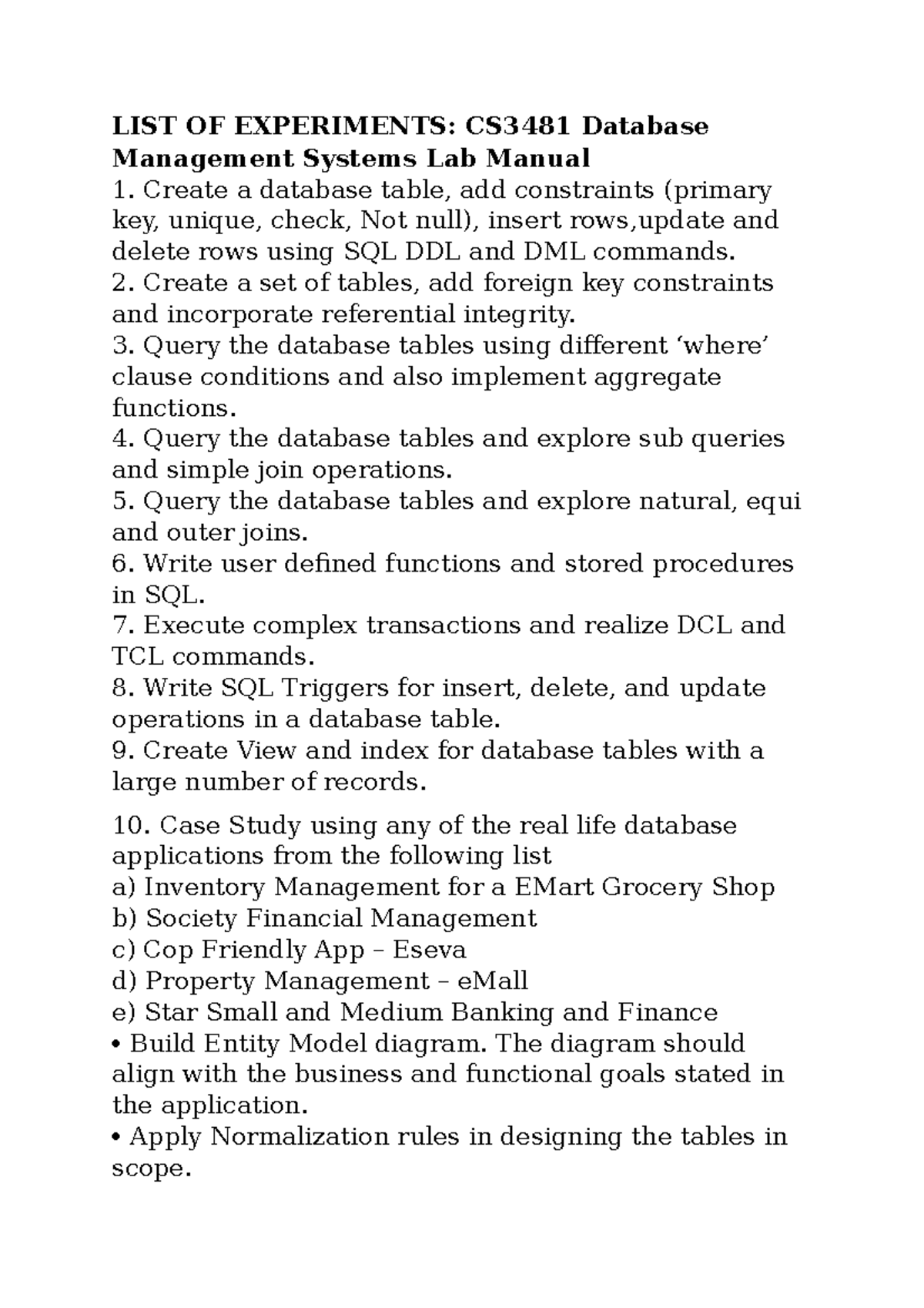 DMBS LAB SYLL 2022 - Detailed description - LIST OF EXPERIMENTS: CS3481 Database Management ...