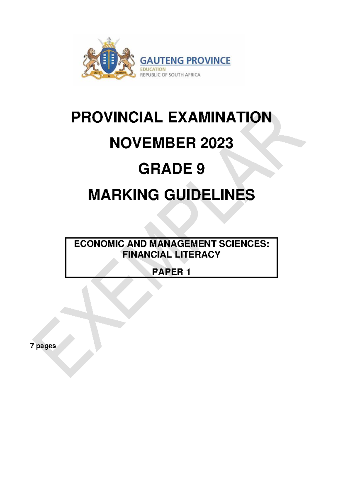 Gr 9 EMS P1 (English) November 2023 Possible Answers - PROVINCIAL ...