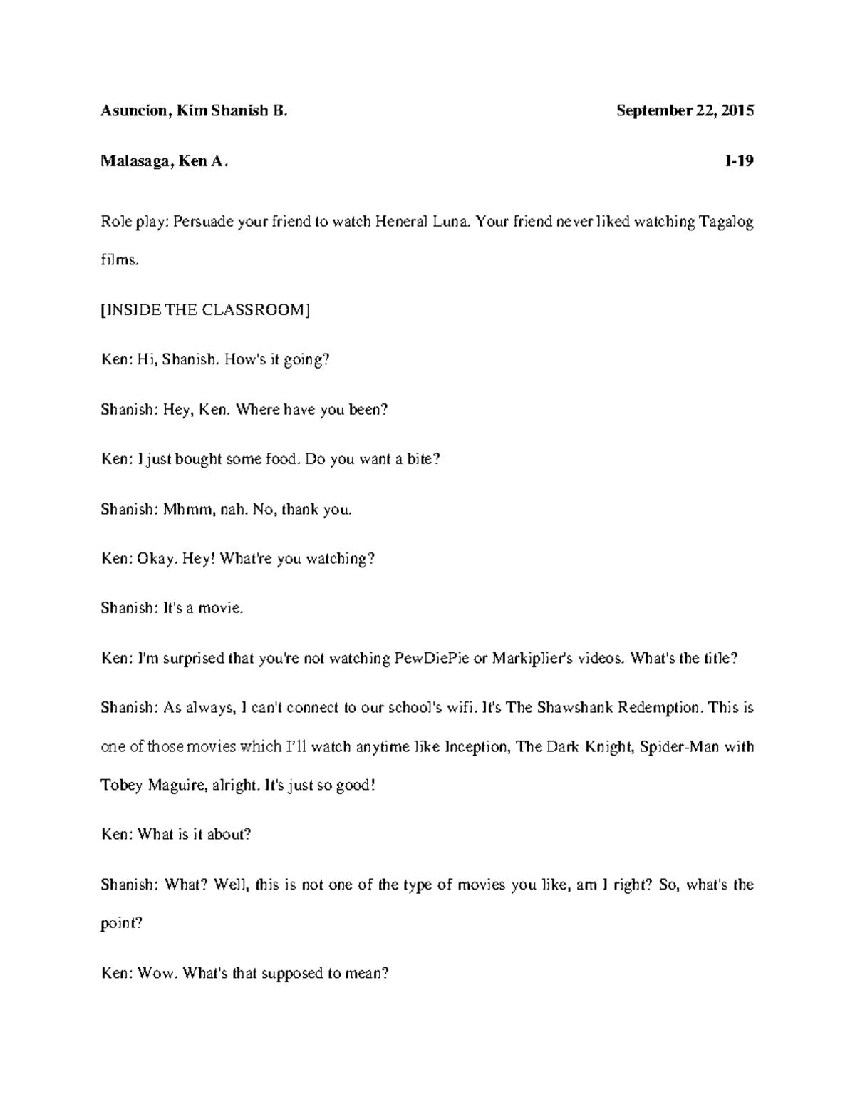 Oral Communication Script - Asuncion, Kim Shanish B. September 22, 2015 ...