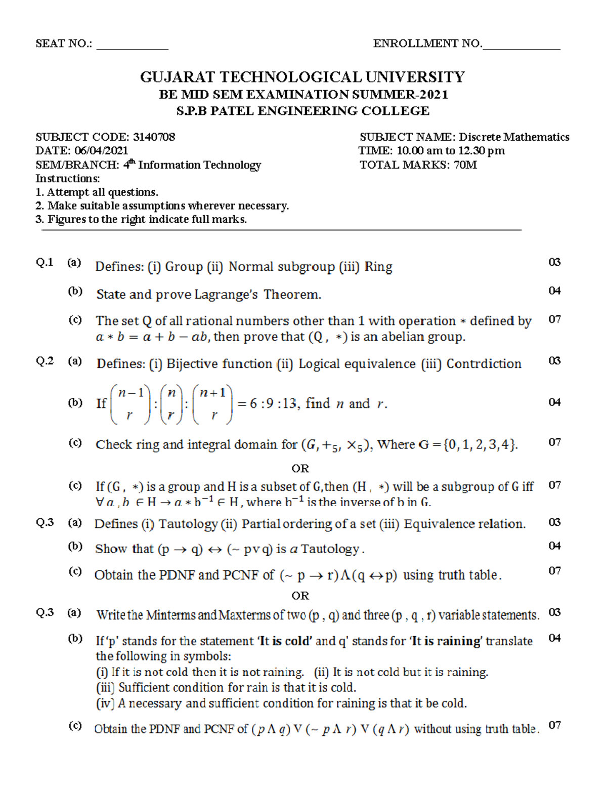 210406-3140708-DM - Material help a lot - SEAT NO.: ____________ ENROLLMENT NO ...