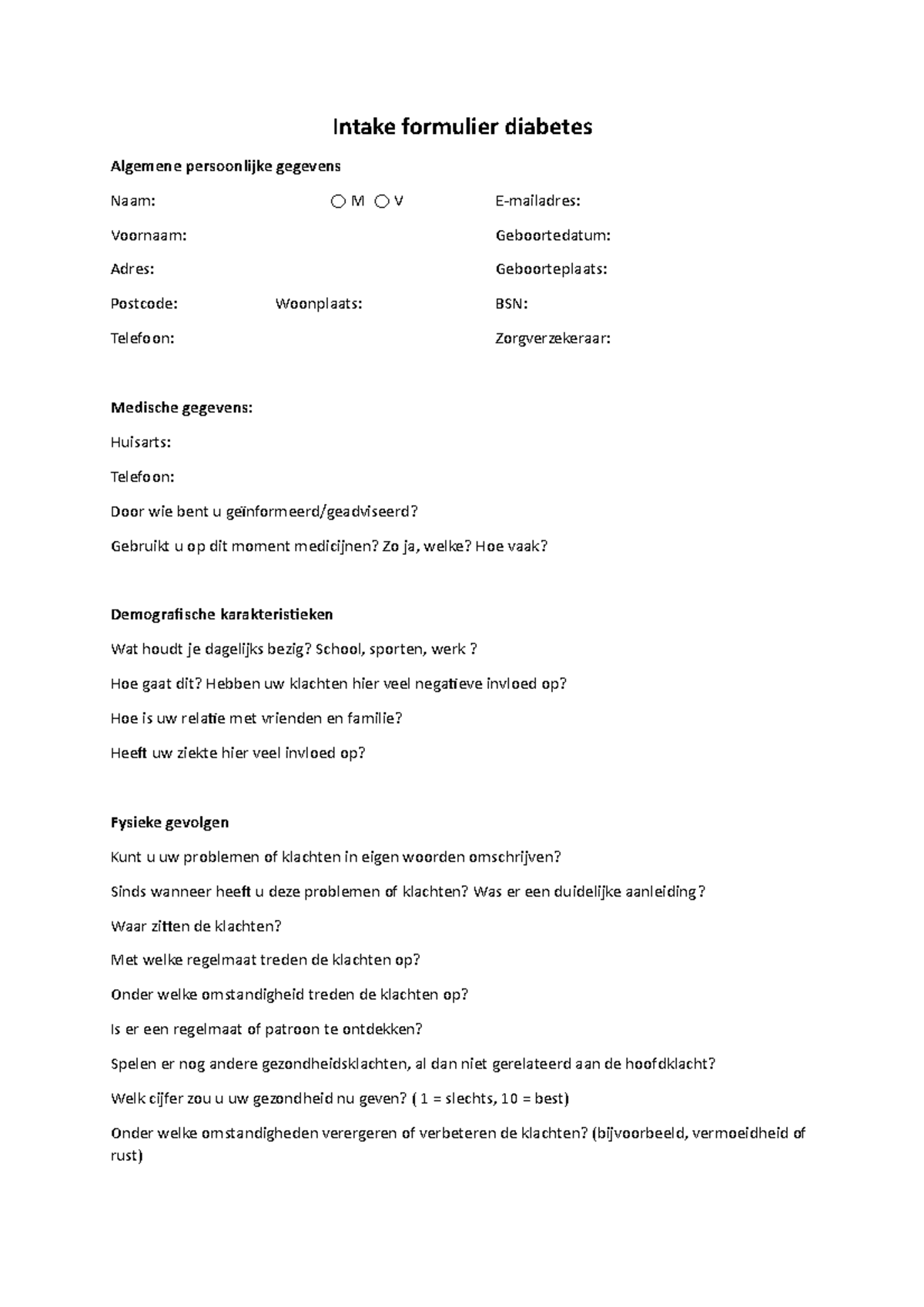 Intake formulier diabetes - Intake formulier diabetes Algemene ...