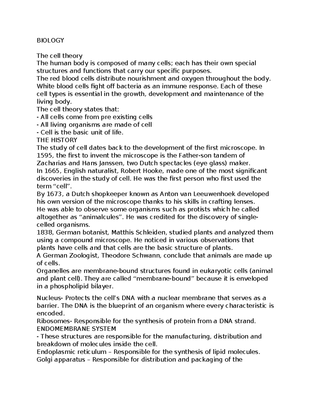 Biology SHS - BIOLOGY The cell theory The human body is composed of ...