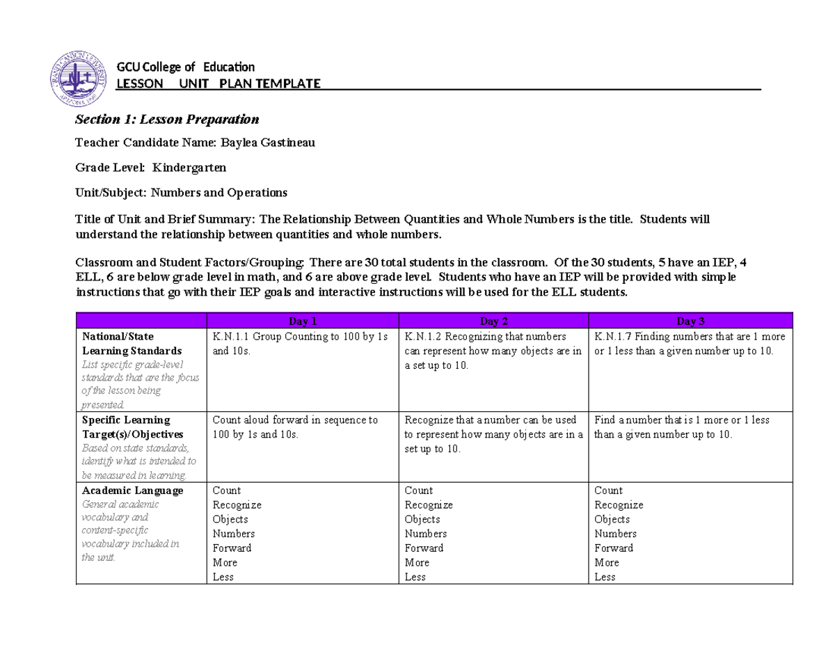 Benchmark 3-day unit plan template - Section 1: Lesson Preparation ...