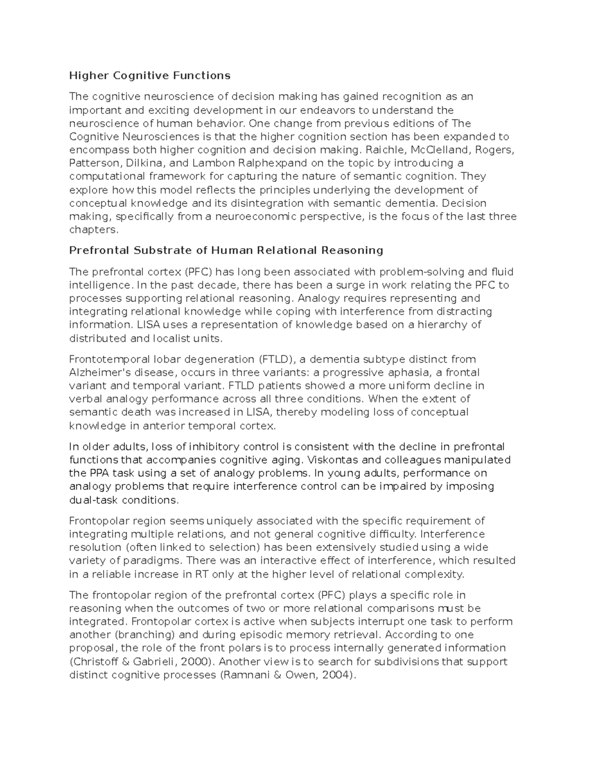 Psy 2102 - Book Summary ( Higher Cognitive Function) - Higher Cognitive ...