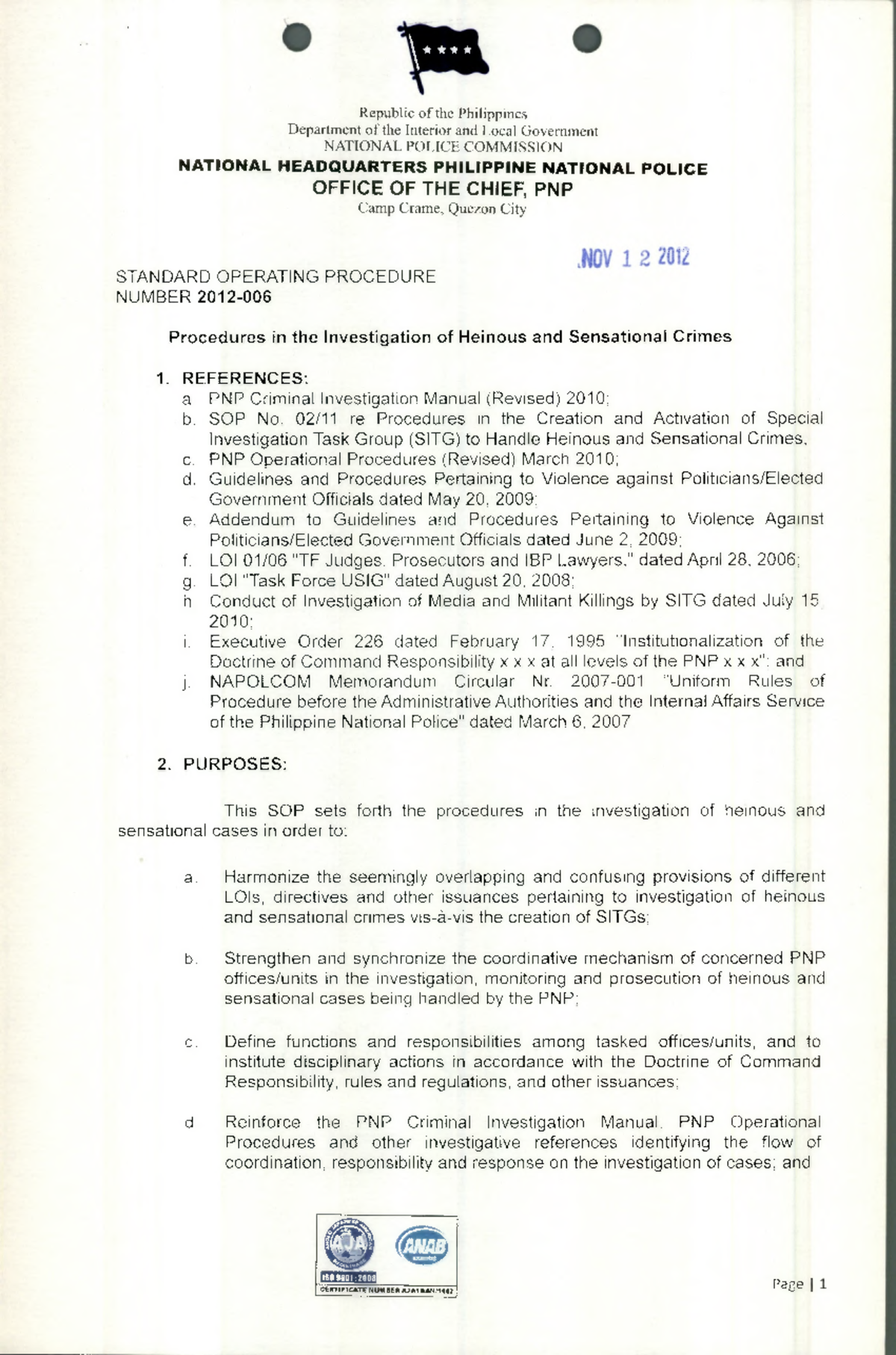 SOP ON Procedures IN THE Investigation OF Heinous AND Sensational