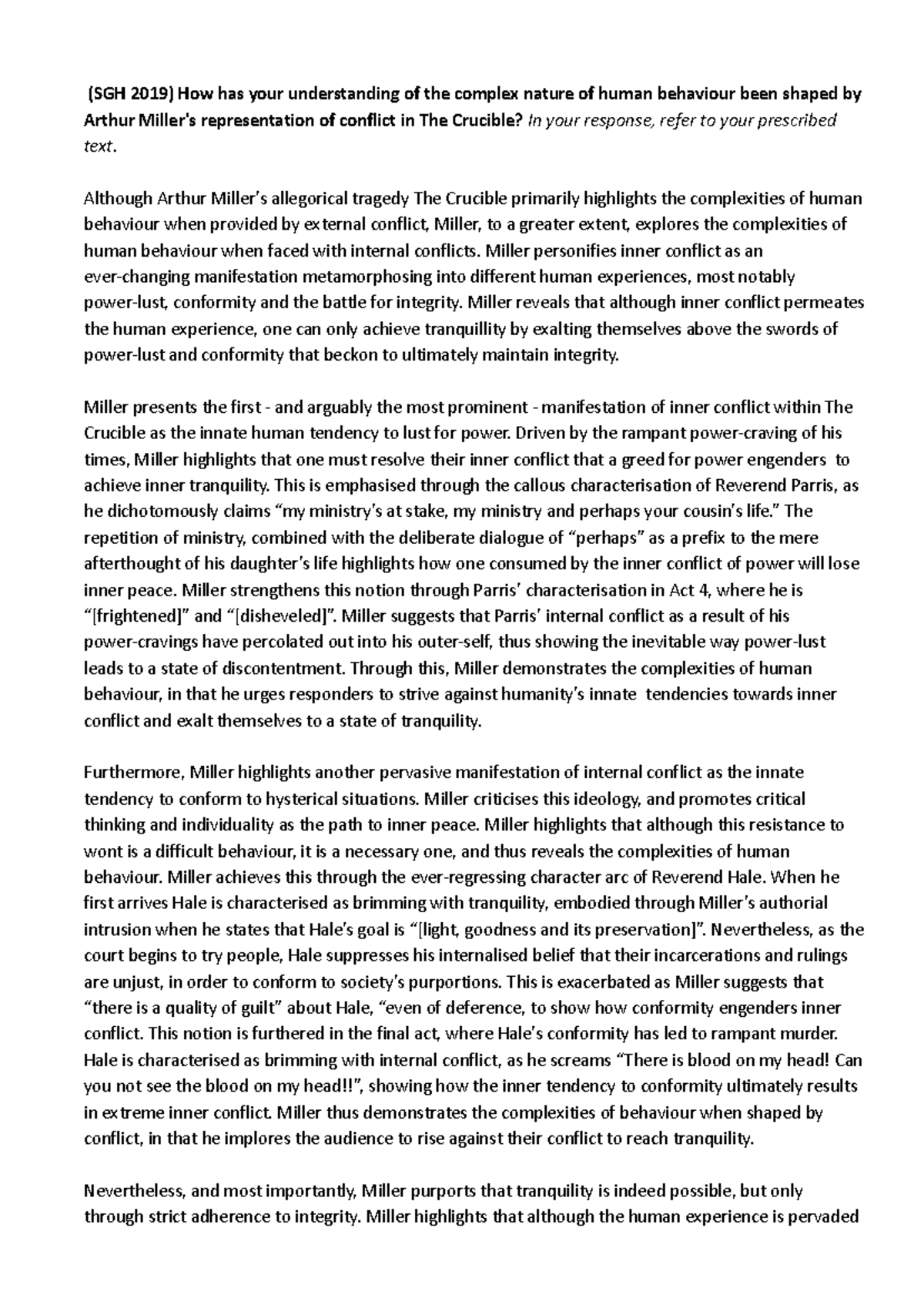 The Crucible sample essay #1 - (SGH 2019) How has your understanding of ...