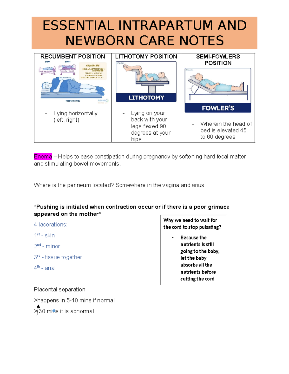 Maternal - NEWBORN CARE NOTES RECUMBENT POSITION - Lying horizontally ...