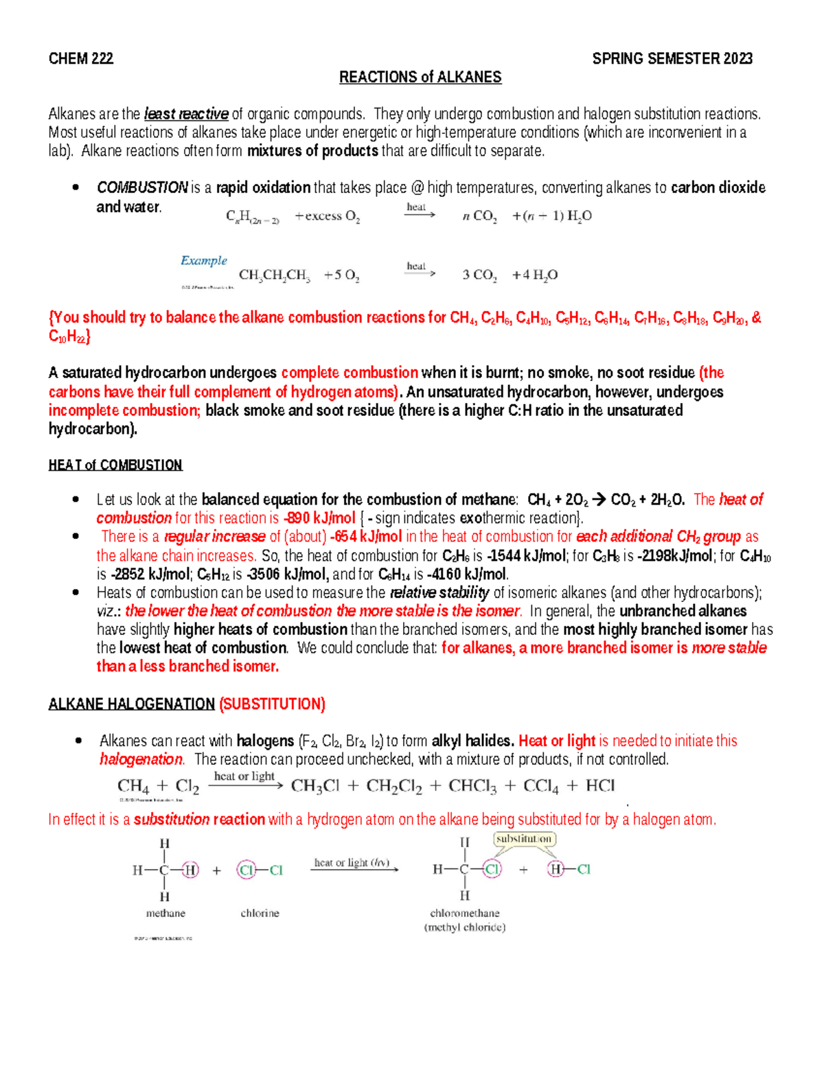 Alkane Reactions Spring 2023 - CHEM 222 SPRING SEMESTER 2023 REACTIONS ...