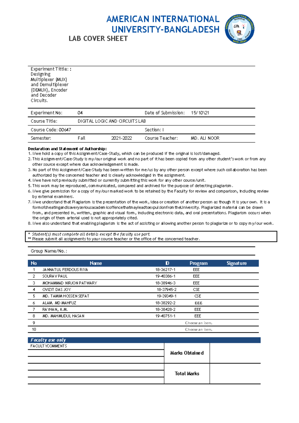 DLC Lab Report 04 - AMERICAN INTERNATIONAL UNIVERSITY-BANGLADESH LAB ...