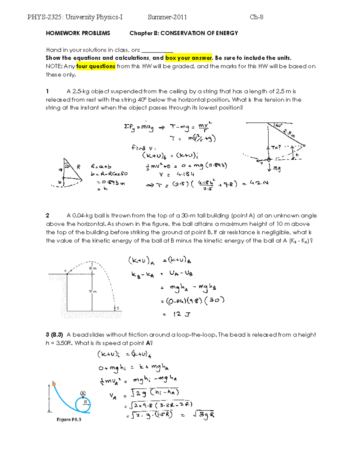 Chapter 8(conservation of energy) - HOMEWORK PROBLEMS Chapter 8 ...