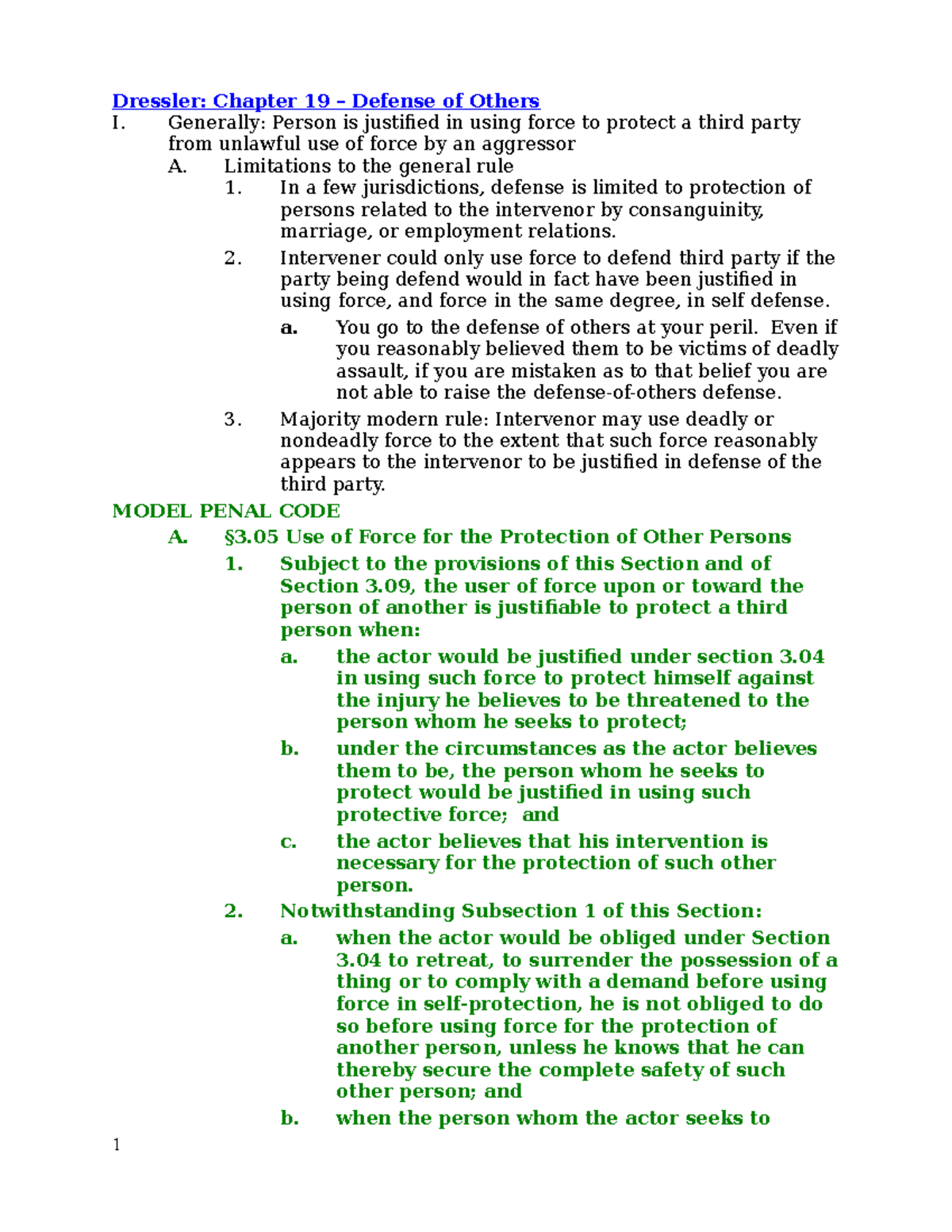 Criminal Law Outline - 2 - Dressler: Chapter 19 – Defense of Others I ...