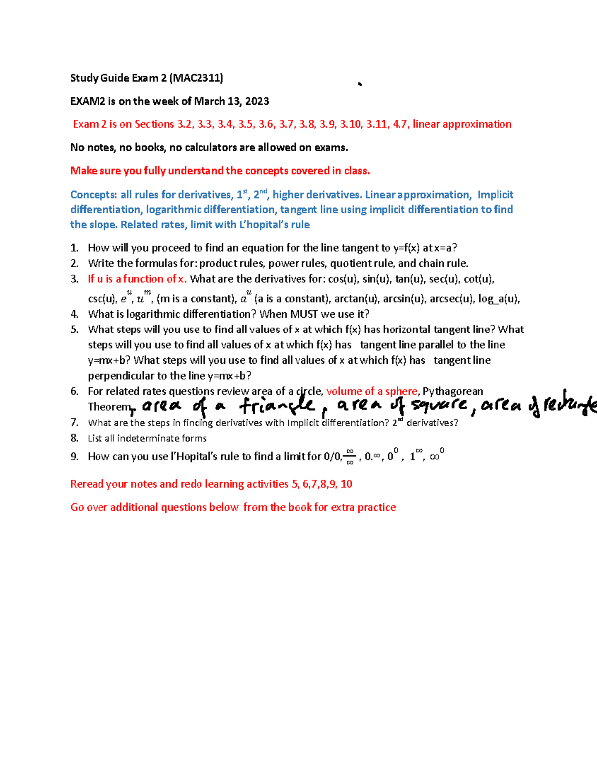 Study-Guide-Exam 2-calculus 1-spring 2023 - Study Guide Exam 2 (MAC2311) EXAM2 is on the week of ...