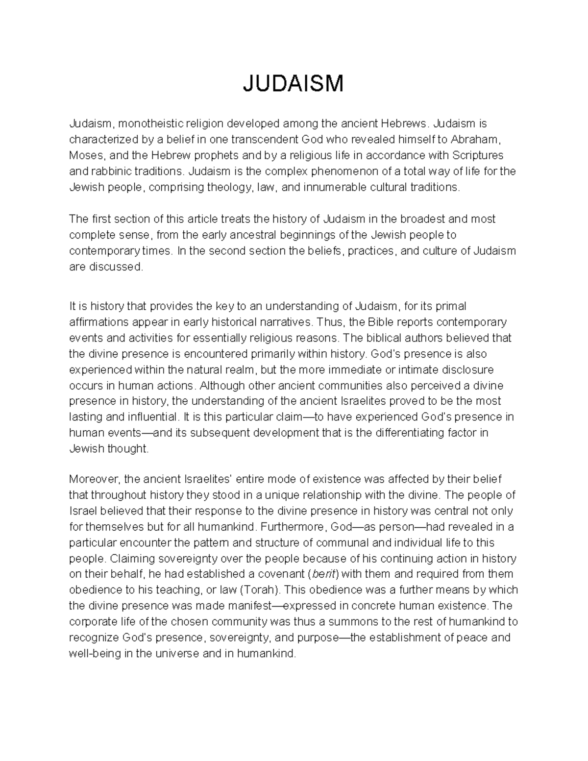 Judaism - Lecture notes 4 - JUDAISM Judaism, monotheistic religion ...