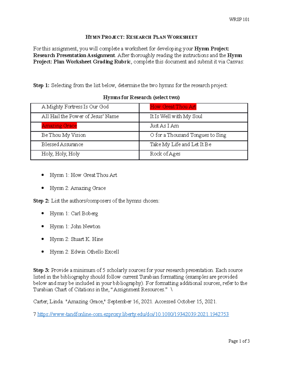 Hymn Project Research Plan Worksheet - WRSP 101 HYMN PROJECT: RESEARCH ...