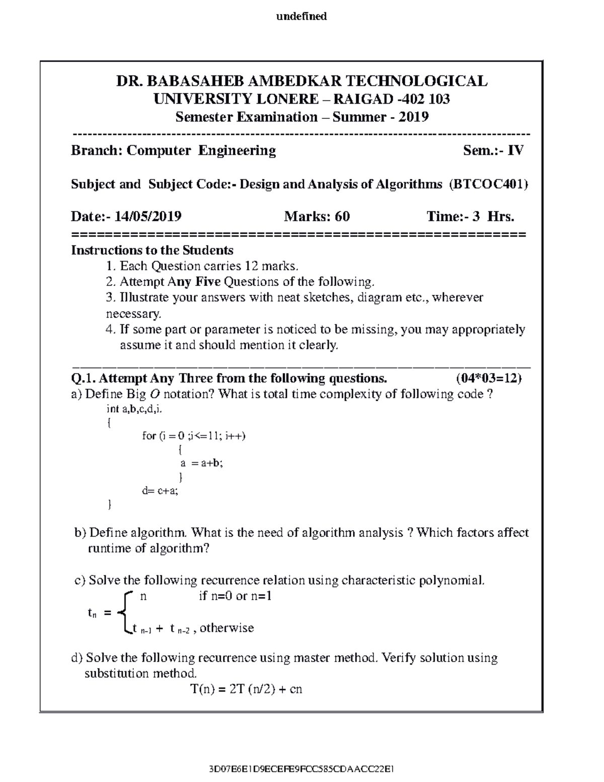 Designand Analysisof Algorithms - DR. BABASAHEB AMBEDKAR TECHNOLOGICAL ...