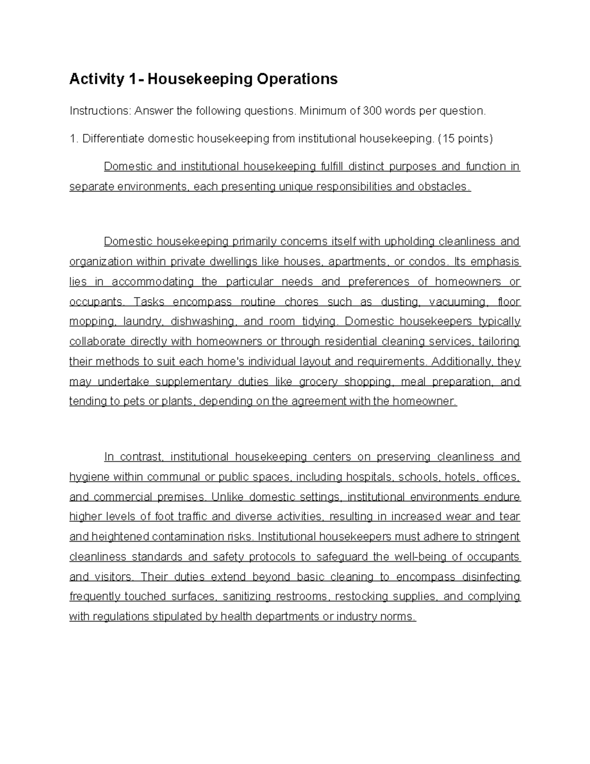 Activity 1- Housekeeping Operations - Activity 1- Housekeeping ...