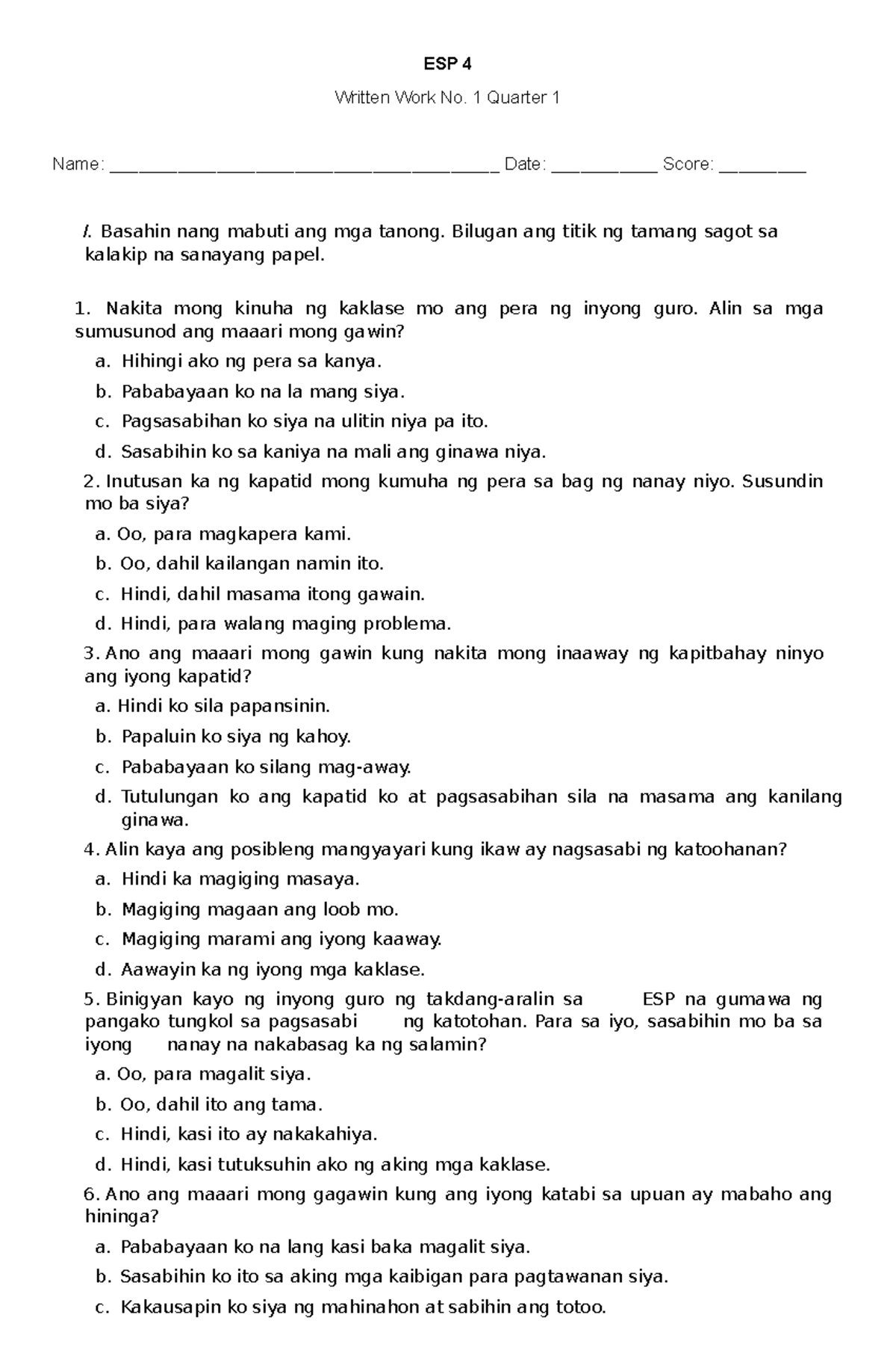 Grade 4 Summative Test in ESP Modules 1-3 - ESP 4 Written Work No. 1 ...
