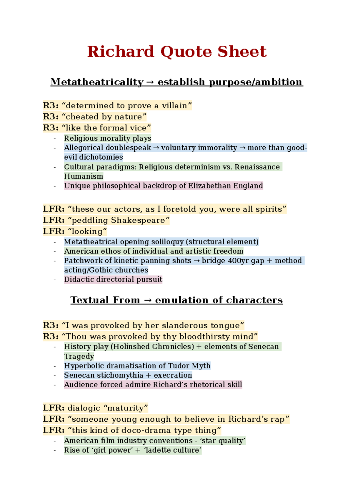 MOD A Quote Sheet - Richard Quote Sheet Metatheatricality → establish ...