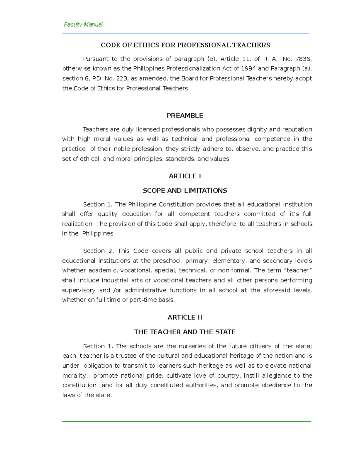 Code of Ethics for Teachers - Faculty Manual - Studocu
