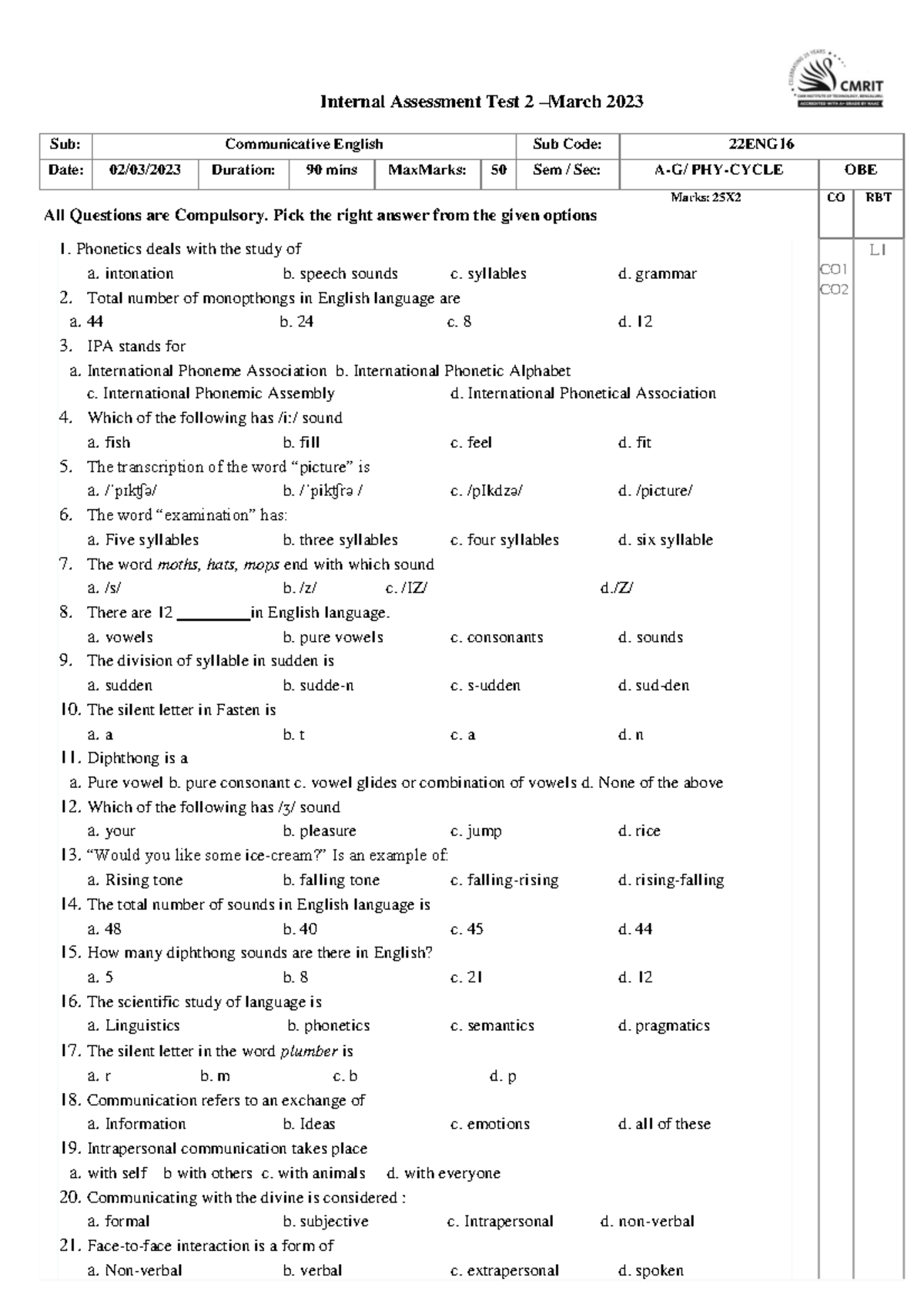 IAT-II Question Paper with Solution of 22ENG16 Communicative English March-2023-Vandana S Rao ...
