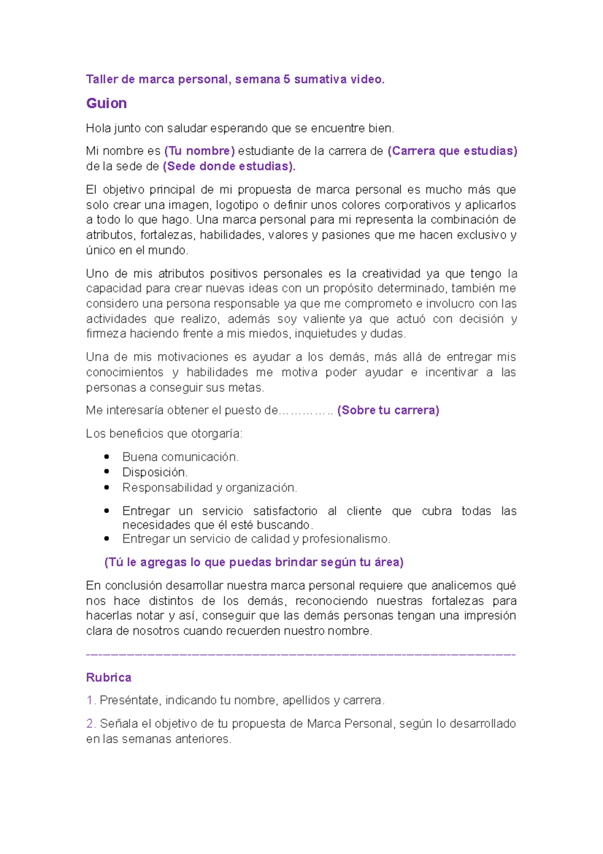 Taller de marca personal semana 5 sumativa guion video - Guion Hola ...