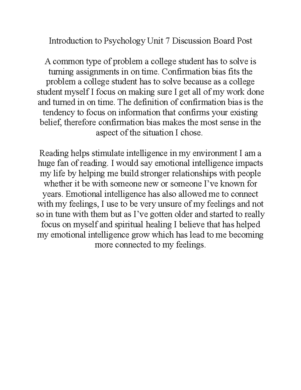 Introduction to Psychology Unit 7 Discussion Board Post - Confirmation ...