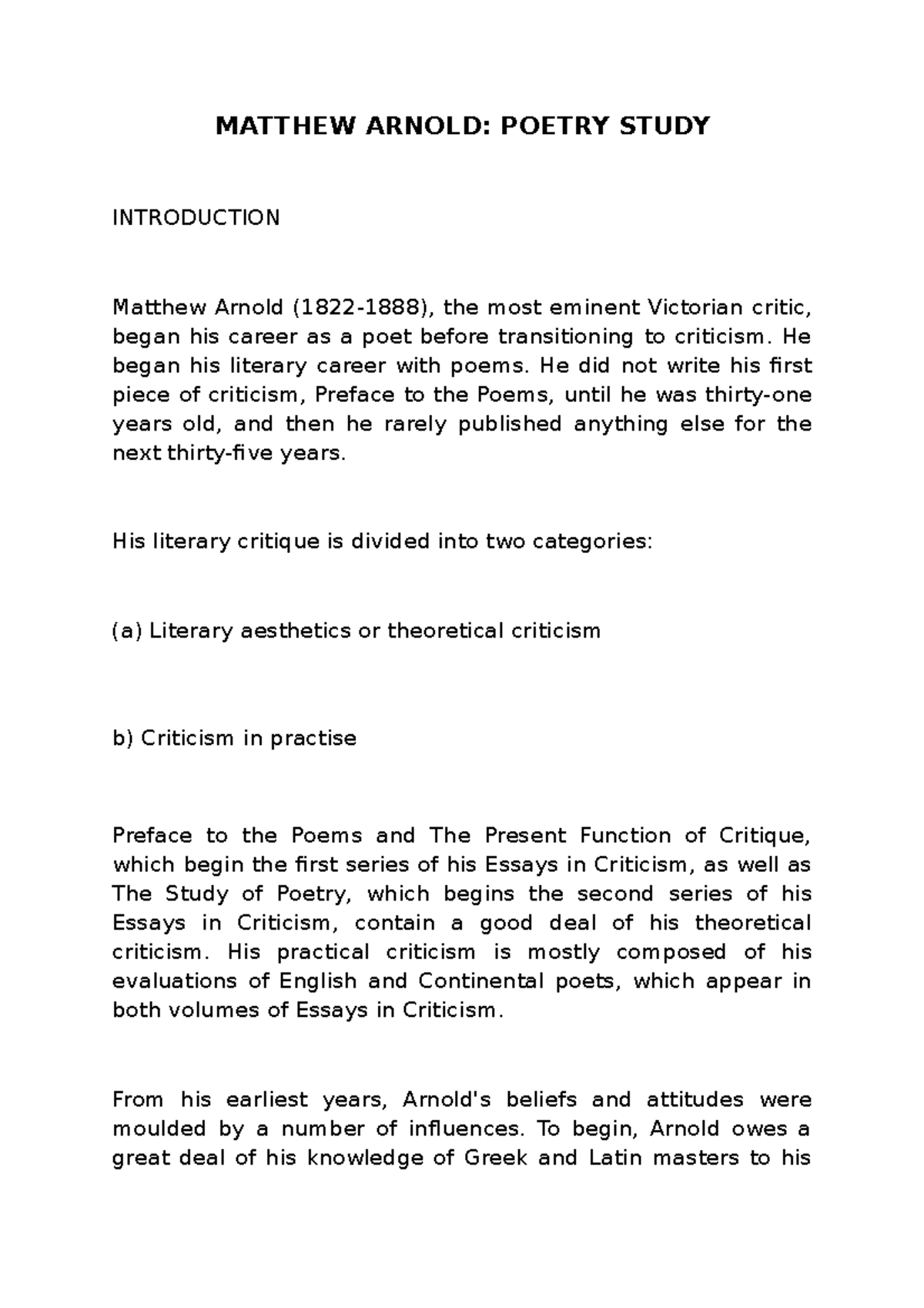 Matthew Arnold Poetry Study - MATTHEW ARNOLD: POETRY STUDY INTRODUCTION ...