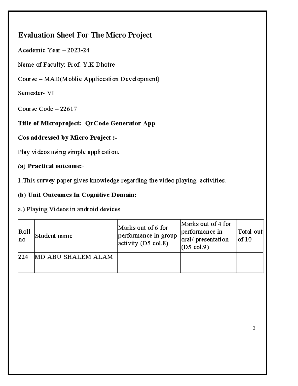 Evolution sheet - Evaluation Sheet For The Micro Project Acedemic Year ...
