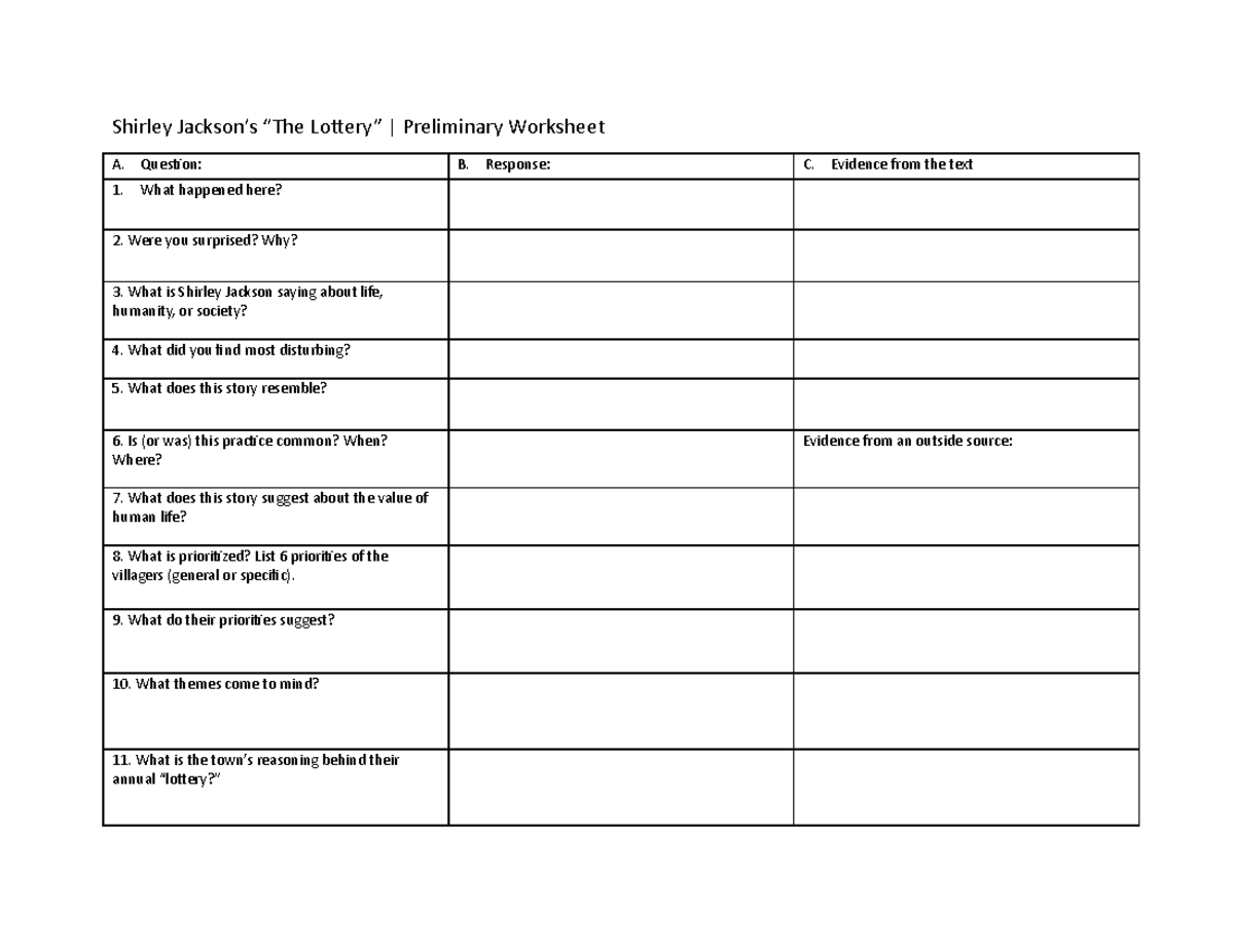 The Lottery Lesson Plan Day 2 Worksheet - Shirley Jackson’s “The ...
