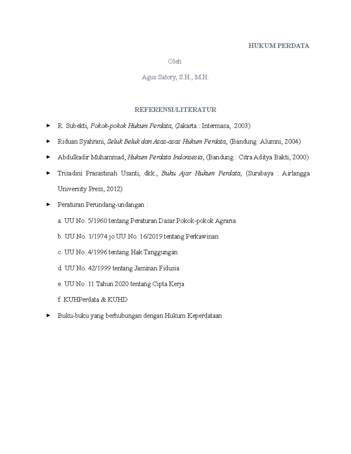 Materi Pertemuan KE-1 - HUKUM PERDATA Oleh Agus Satory, S., M ...