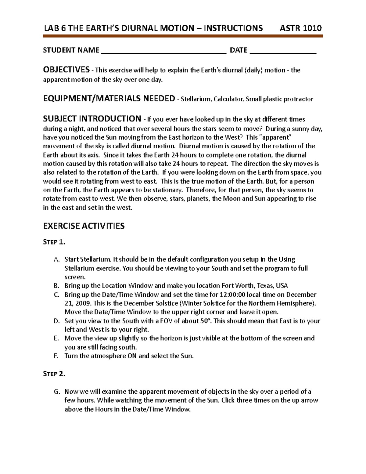 ASTR 1010 LAB 6 Earth's Diurnal Motion - Instructions and Activity - LAB 6 THE EARTH’S DIURNAL ...