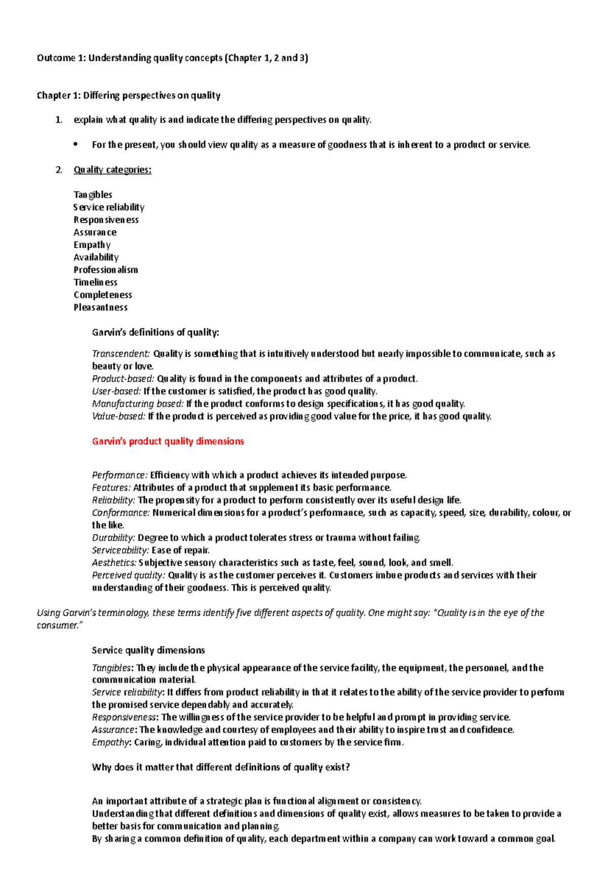 MNO2602 Summary - Outcome 1: Understanding quality concepts (Chapter 1 ...