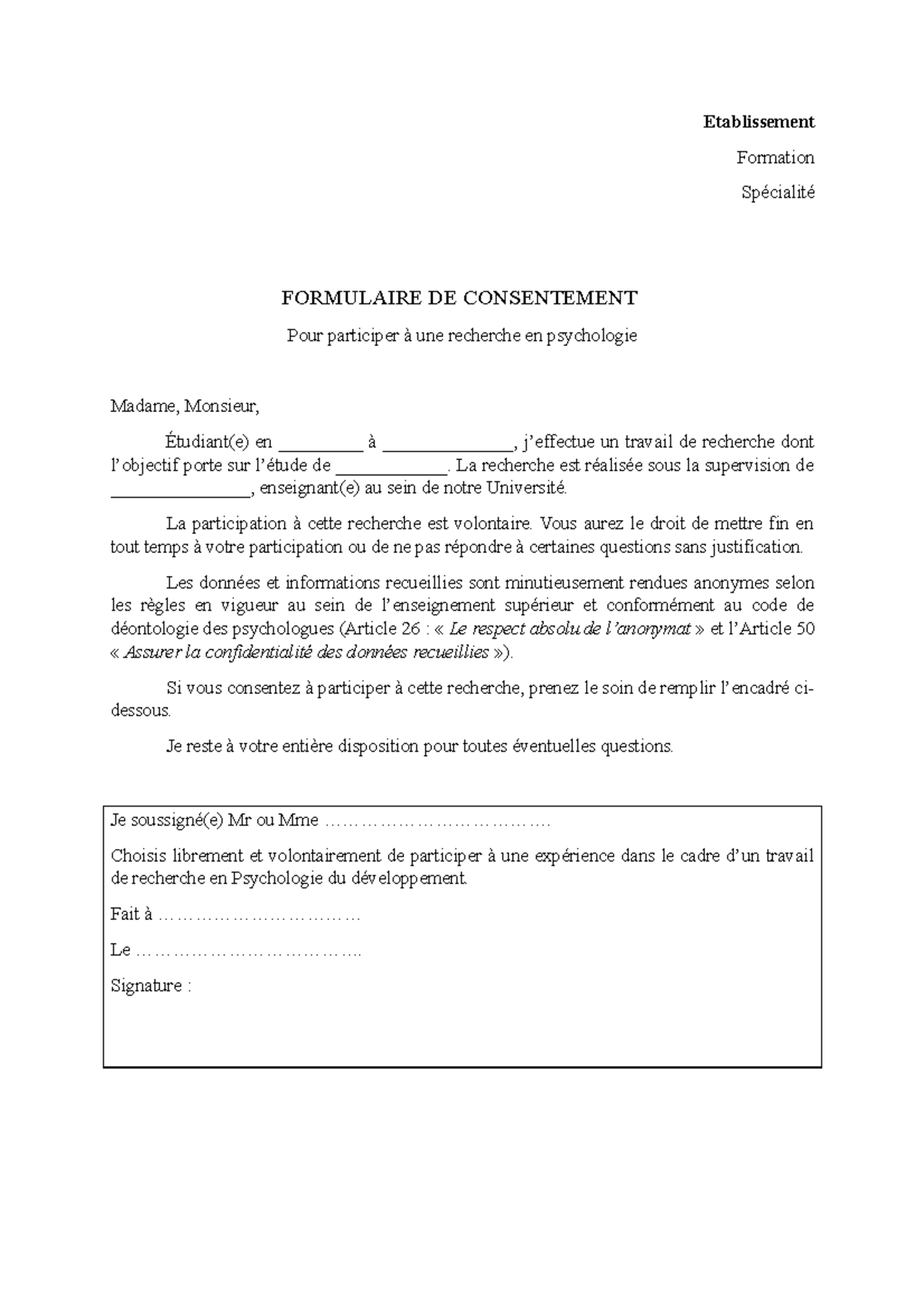 Formulaire de consentement - Etablissement Formation Spécialité ...