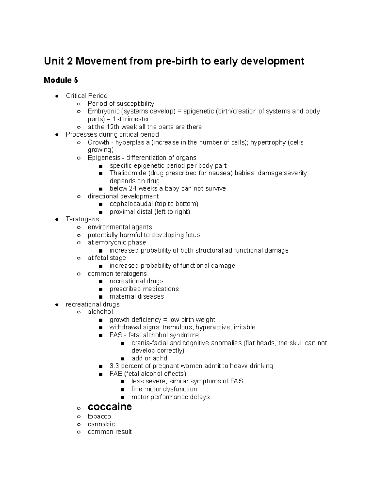 Motor develpment unit 2 - Unit 2 Movement from pre-birth to early ...